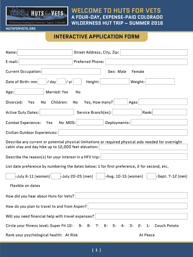 Fillable Online hutsforvets Application Form - Huts for Vets Fax Email ...