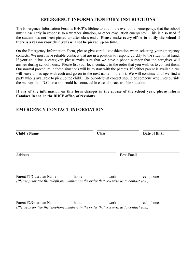 Fillable Online bhcpnet EMERGENCY INFORMATION FORM INSTRUCTIONS Fax Email Print - pdfFiller