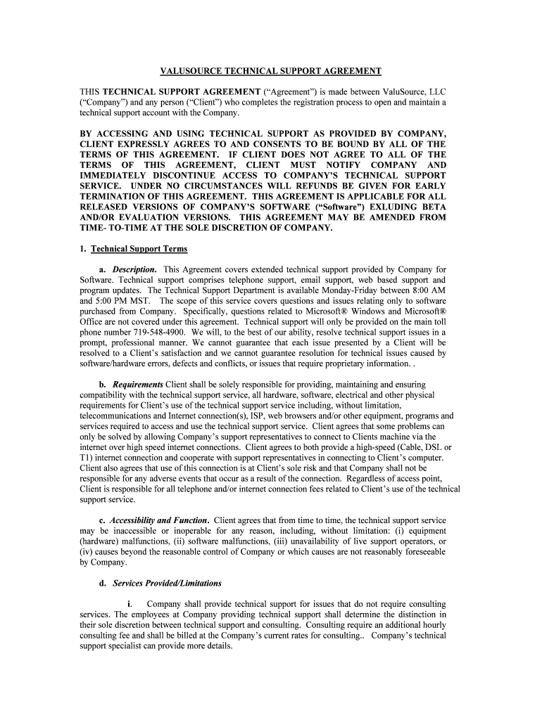 Fillable Online VALUSOURCE TECHNICAL SUPPORT AGREEMENT Fax Email Print - pdfFiller