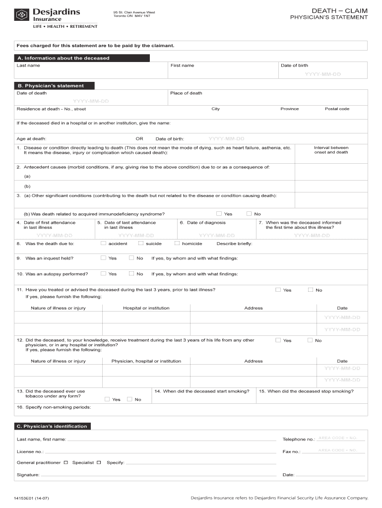 Fillable Online Death claim physicians statement 14153E01 Fax Email ...