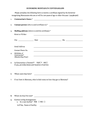 Fillable Online dphhs mt HONORING MONTANA S CENTENARIANS Fax Email ...
