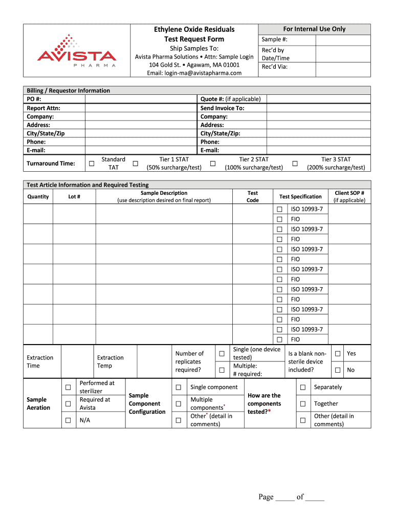 Fillable Online ETO Residuals Test Request Form - Avista Pharma Fax ...