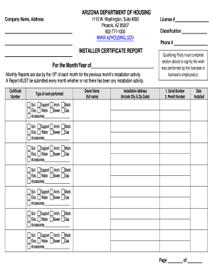 Fillable Online Installer Certificate Report ADOH 06-2016 - housing.az ...