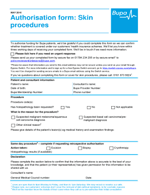 Fillable Online MAY 2016 Authorisation form: Skin procedures - bupa.co ...