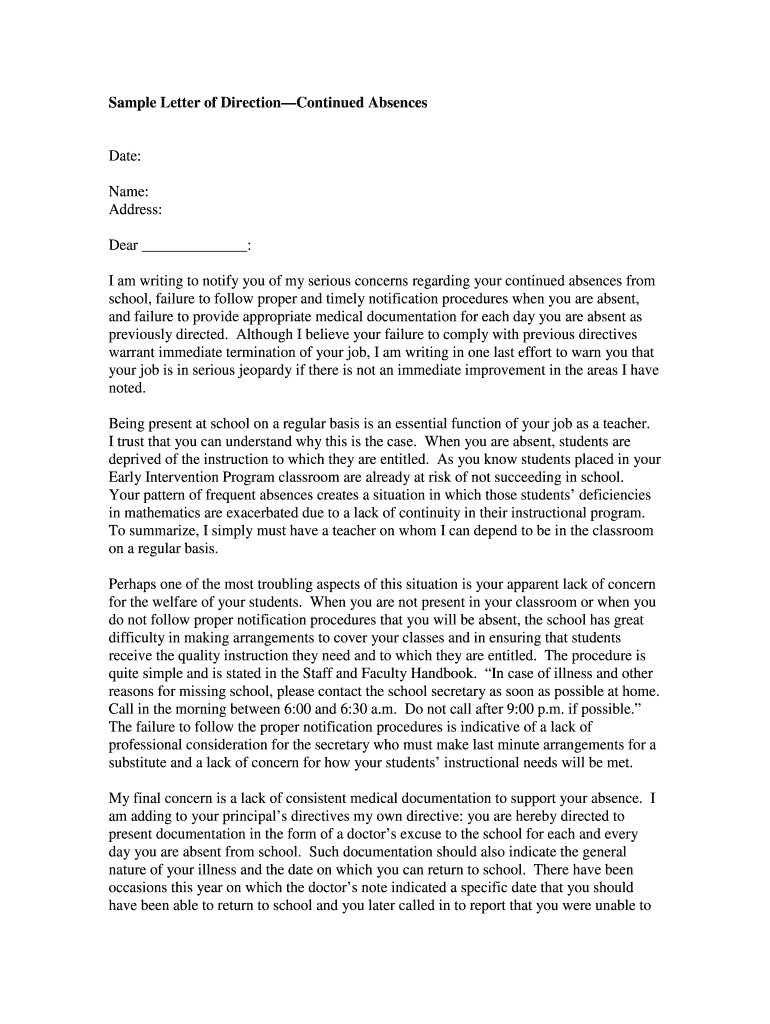 Fillable Online gael EXAMPLE DIRECTIVE LETTER CONTINUED ABSENCES Fax ...
