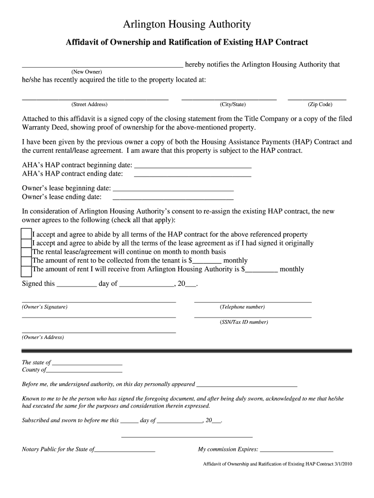 Fillable Online Affidavit of Ownership & Ratification of Existing HAP ...