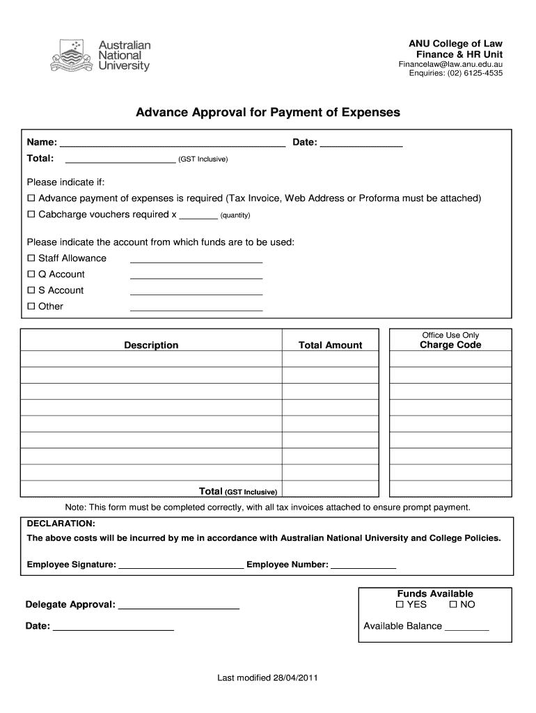 Fillable Online law anu edu Advance Approval for Payment of Expenses - ANU - law anu edu Fax ...