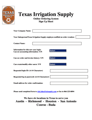 Fillable Online WEB Order Entry Sign up Sheet - Texas Irrigation Supply ...