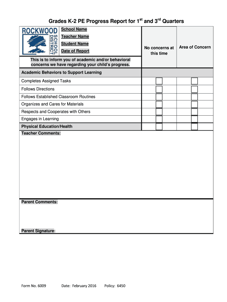 Fillable Online Grades K-2 PE Progress Report for 1st and 3rd Quarters ...