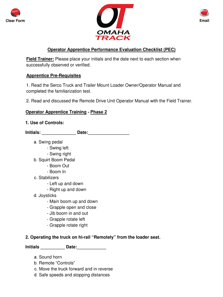 Fillable Online Operator Apprentice Performance Evaluation Checklist