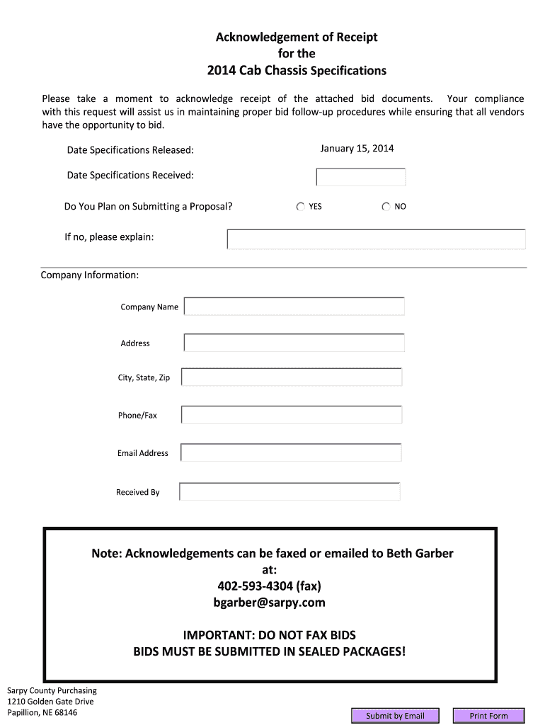 Fillable Online Acknowledgement of Receipt for the 2014 Cab Chassis ...