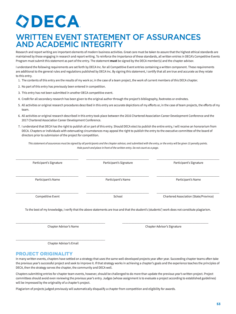 DECA Written Event Statement Of Assurances And Academic Integrity