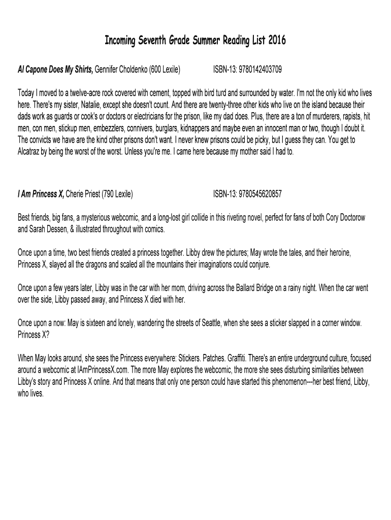 Fillable Online Incoming Seventh Grade Summer Reading List 2016 Fax Email Print - pdfFiller