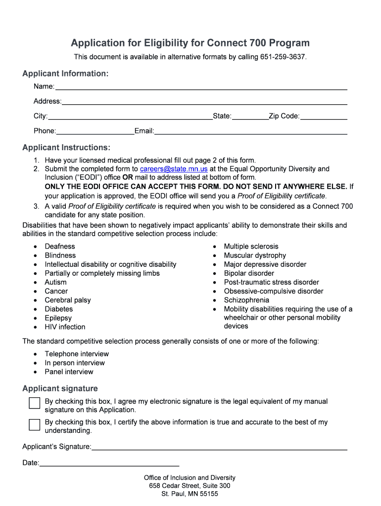 Fillable Online mn Application for Eligibility for Connect 700 Program ...