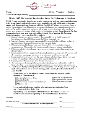Fillable Online 2016 - 2017 Flu Vaccine Declination Form for Volunteer ...