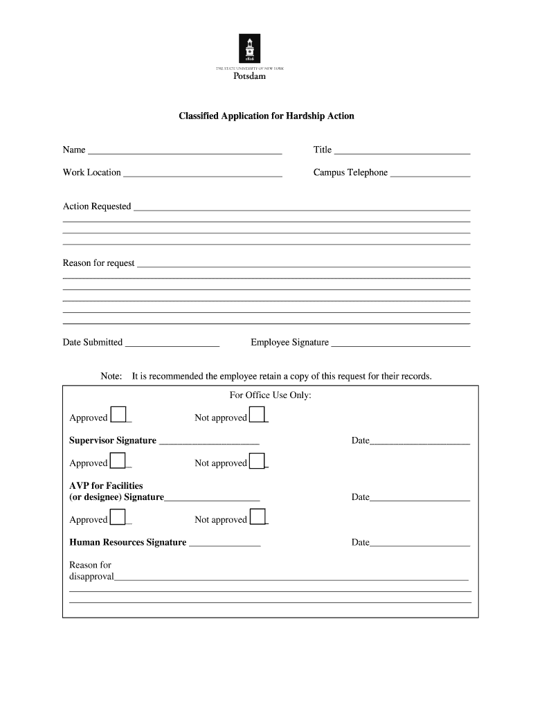 Fillable Online potsdam Classified Application for Hardship Action Fax Email Print - pdfFiller