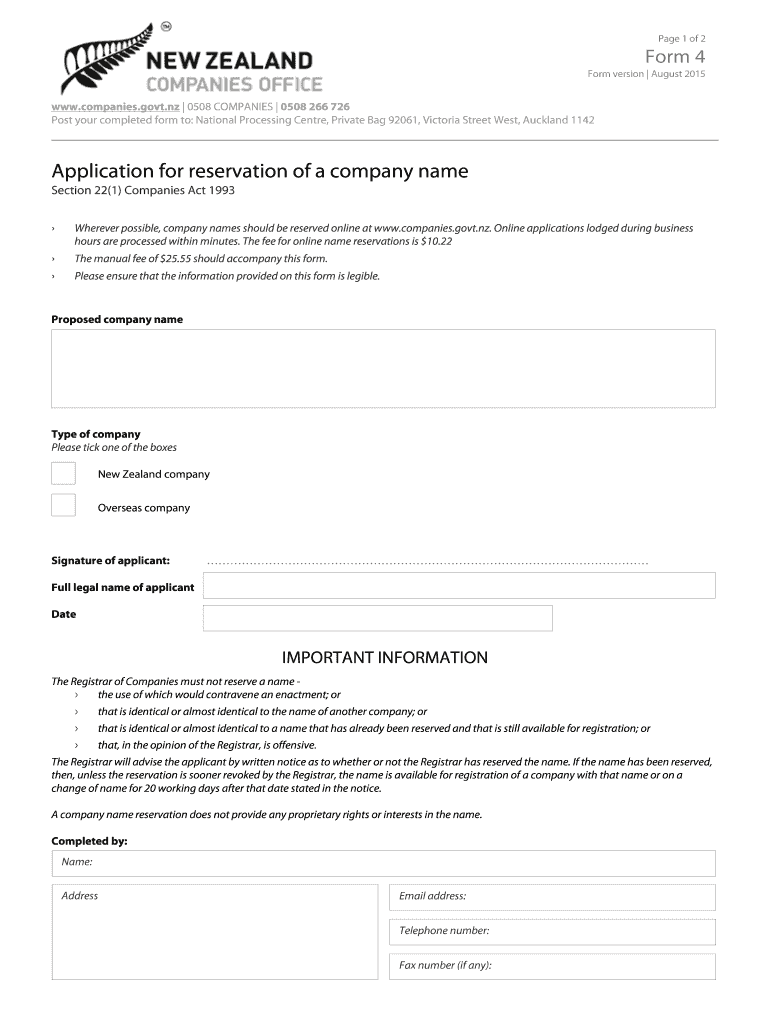 Fillable Online Form 4 - Application for reservation of a company name ...