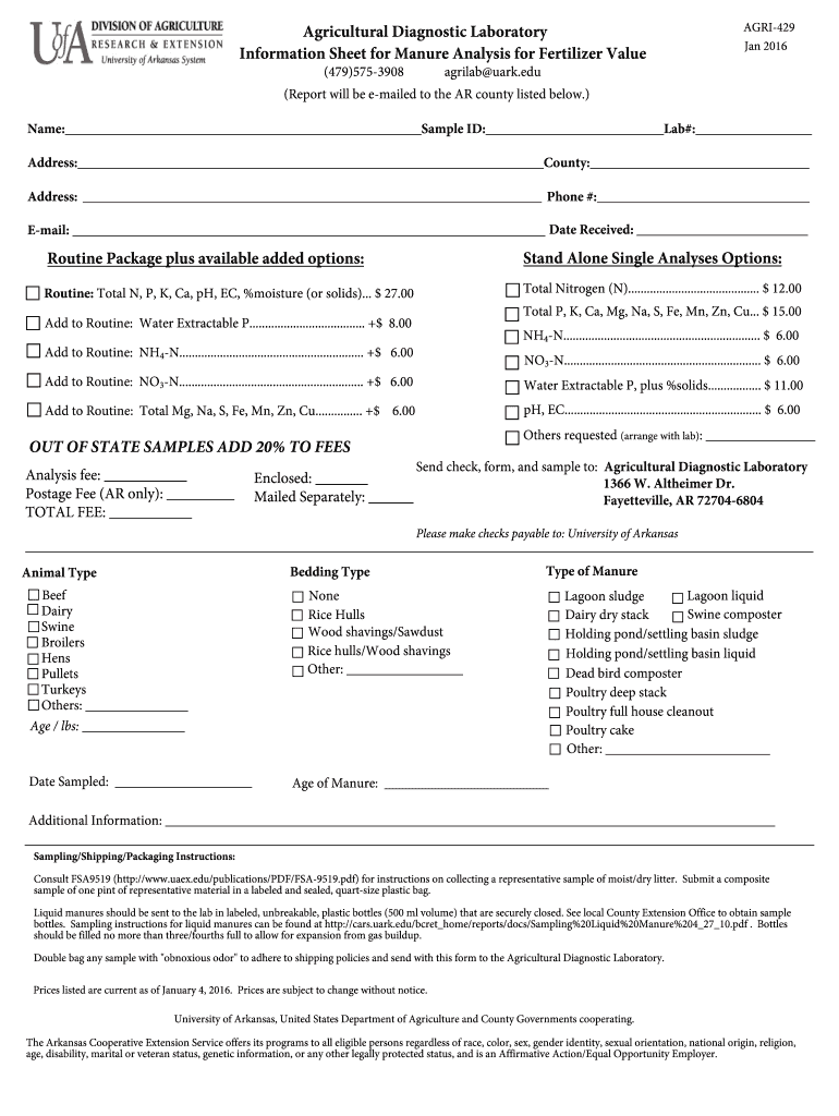 Fillable Online uaex Information Sheet for Manure Analysis for ...