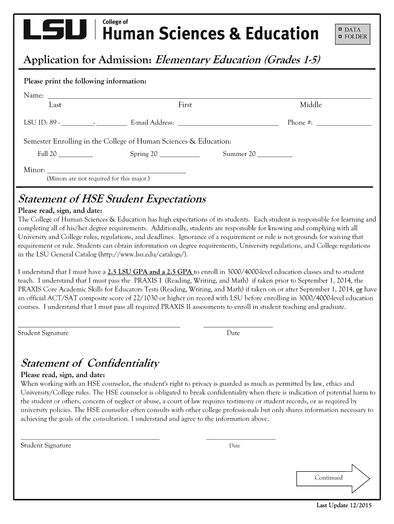 Fillable Online lsu Application for Admission: Elementary Education ...
