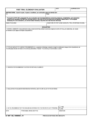 Fillable Online post trial clemency evaluation af imt 138, 19990901, v1 - U.S. Air Force Fax ...