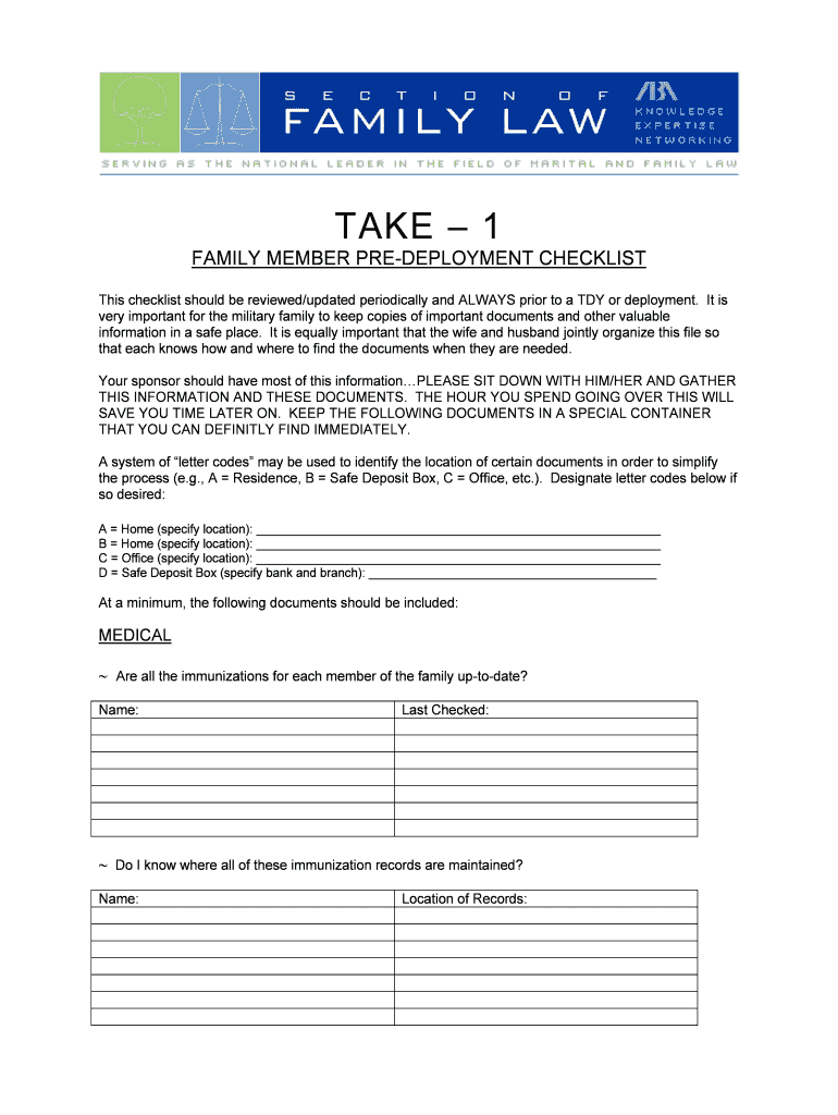 Fillable Online americanbar Family Member Pre-Deployment Checklist ...