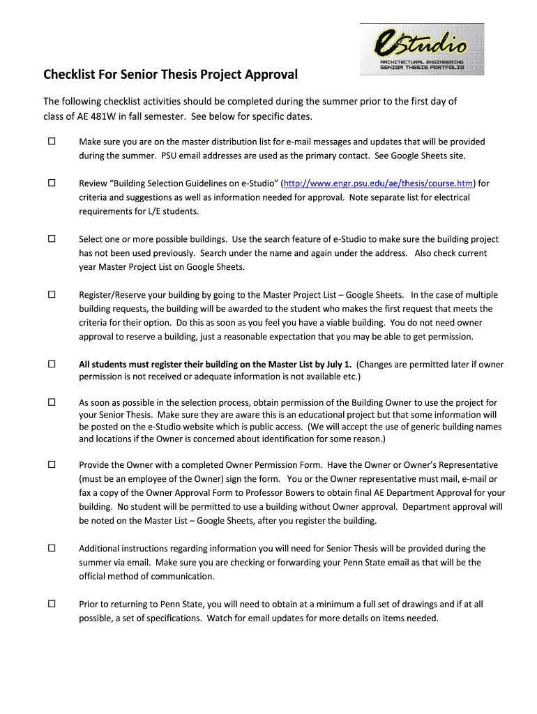 Fillable Online Checklist For Senior Thesis Project Approval Fax Email ...
