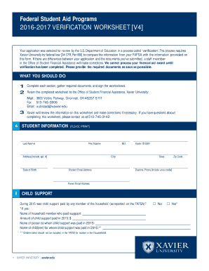 Fillable Online xavier 2016-2017 VERIFICATION WORKSHEET V4 - xavier Fax ...
