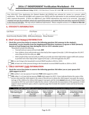 Fillable Online ncmissouri 2016-17 INDEPENDENT Verification Worksheet V4 - ncmissouri Fax Email ...