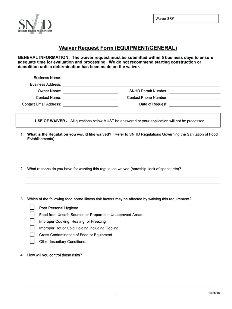 Fillable Online southernnevadahealthdistrict Waiver SR# Fax Email Print - pdfFiller