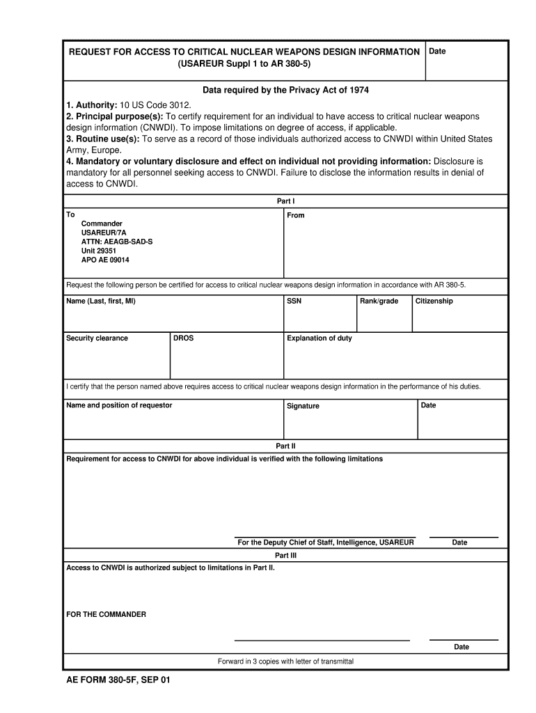 Fillable Online eur army REQUEST FOR ACCESS TO CRITICAL NUCLEAR WEAPONS DESIGN INFORMATION Fax ...