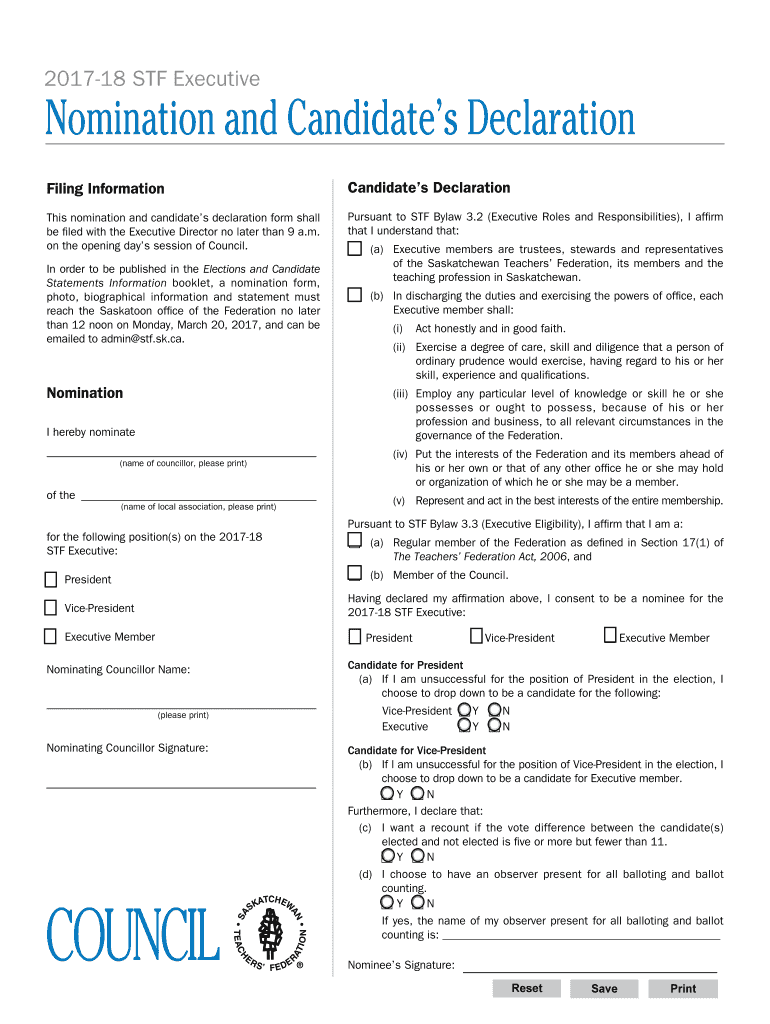 Fillable Online Executive Nomination and Candidate s Declaration. 2017-18 Fax Email Print ...