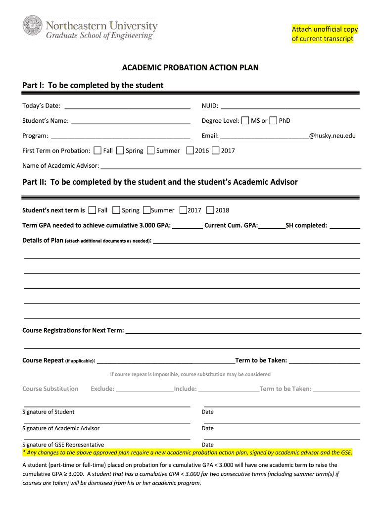 Fillable Online coe neu ACADEMIC PROBATION ACTION PLAN v.8.18.15 Final ...