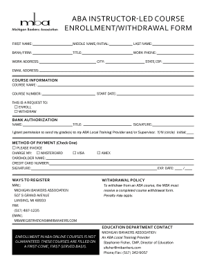 Fillable Online ABA INSTRUCTOR-LED COURSE ENROLLMENT/WITHDRAWAL ... Fax ...