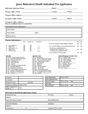Fillable Online Quest Behavioral Health Individual Pre-Application Fax ...