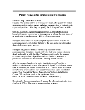 Fillable Online Parent Request for lunch status information Fax Email ...