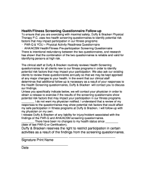 Fillable Online Health/Fitness Screening Questionnaire Follow-up Fax ...