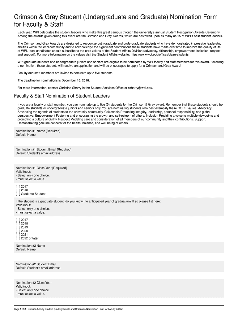Fillable Online Crimson & Gray Student (Undergraduate and Graduate) Nomination Form for Faculty ...