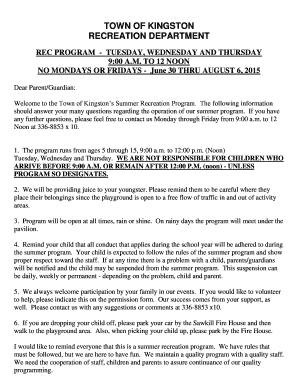 Fillable Online townkingstonny TOWN OF KINGSTON RECREATION DEPARTMENT ...