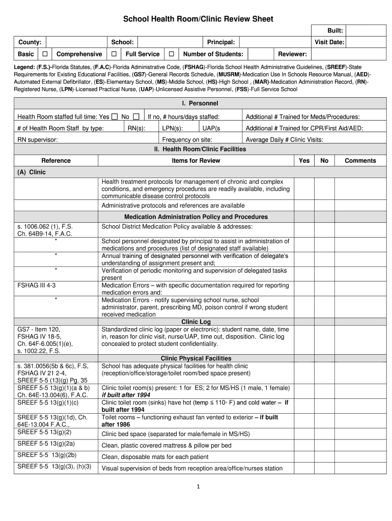 Fillable Online School Health Room/Clinic Review Sheet Fax Email Print ...
