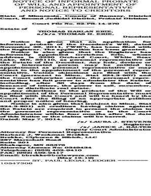 Fillable Online notice of informal probate of will and appointment of personal ... Fax Email ...