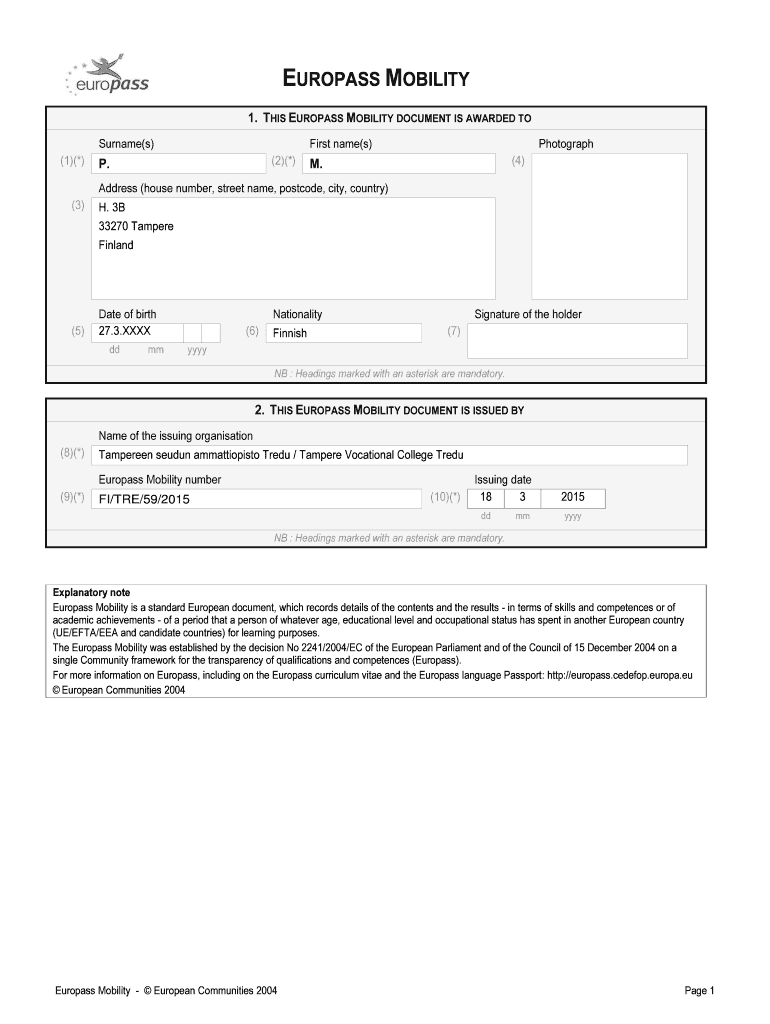 Fillable Online hansaecvet Europass Mobility Template EN - HansaECVET ...