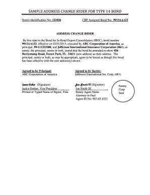 Fillable Online SAMPLE ADDRESS CHANGE RIDER FOR TYPE 14 BOND Fax Email ...