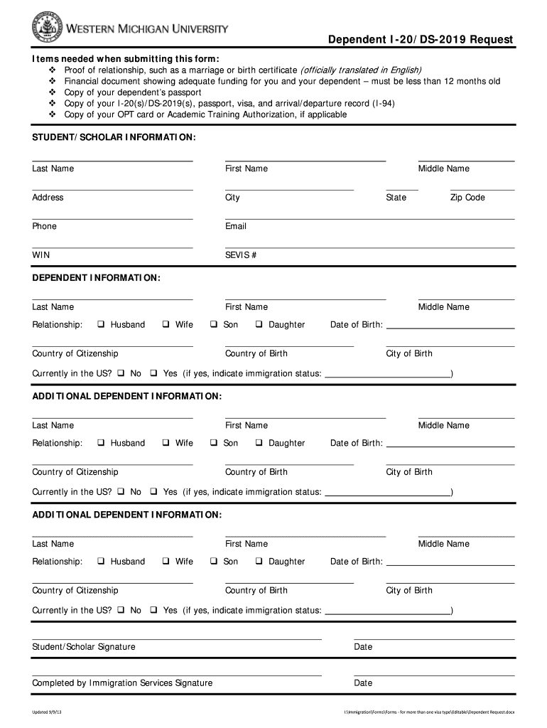 Fillable Online wmich Dependent I-20/DS-2019 Request Fax Email Print - pdfFiller