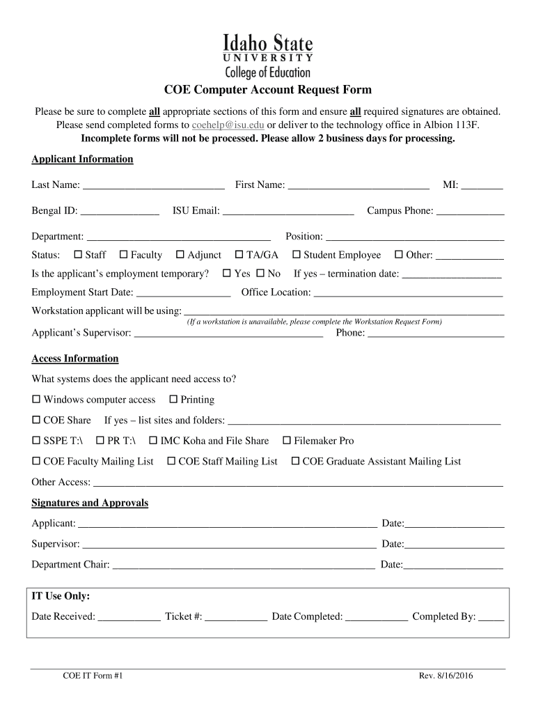 Fillable Online ed isu COE Computer Account Request Form Fax Email Print - pdfFiller