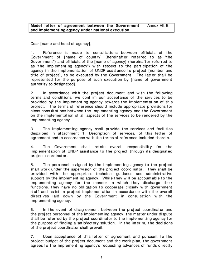 Fillable Online Model letter of agreement between the Government Fax ...
