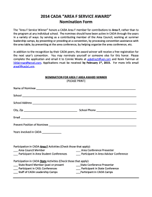 Fillable Online cada1 2014 CADA AREA F SERVICE AWARD Nomination Form ...