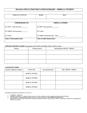 Fillable Online 2016 DoD APPLICATION EDUCATION SUMMARY MEDICAL ... Fax ...