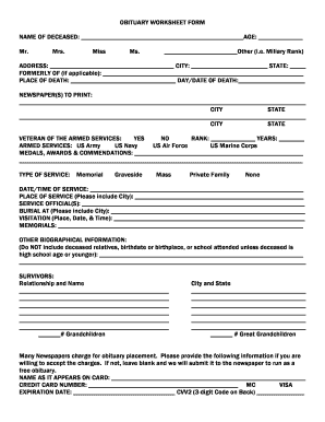 Fillable Online OBITUARY WORKSHEET FORM Fax Email Print - pdfFiller