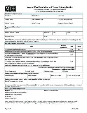 Fillable Online Noncertified Death Transcript Application - Murray ...