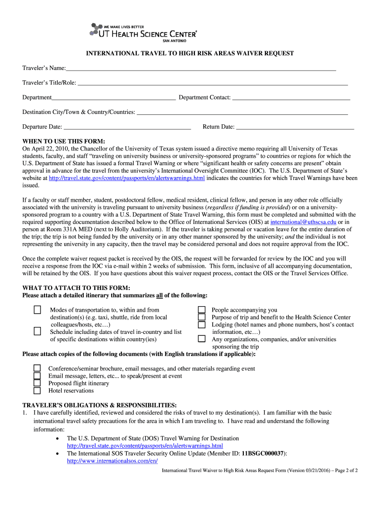 Fillable Online uthscsa International Travel High Risk Area Waiver Request 03 2016.doc Fax Email ...